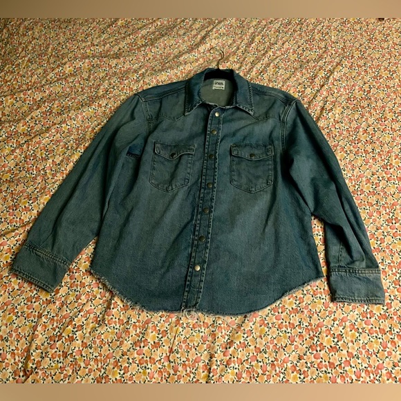 Zara | Jackets & Coats | Zara Frayed Hem Denim Shirt Jacket Shacket ...